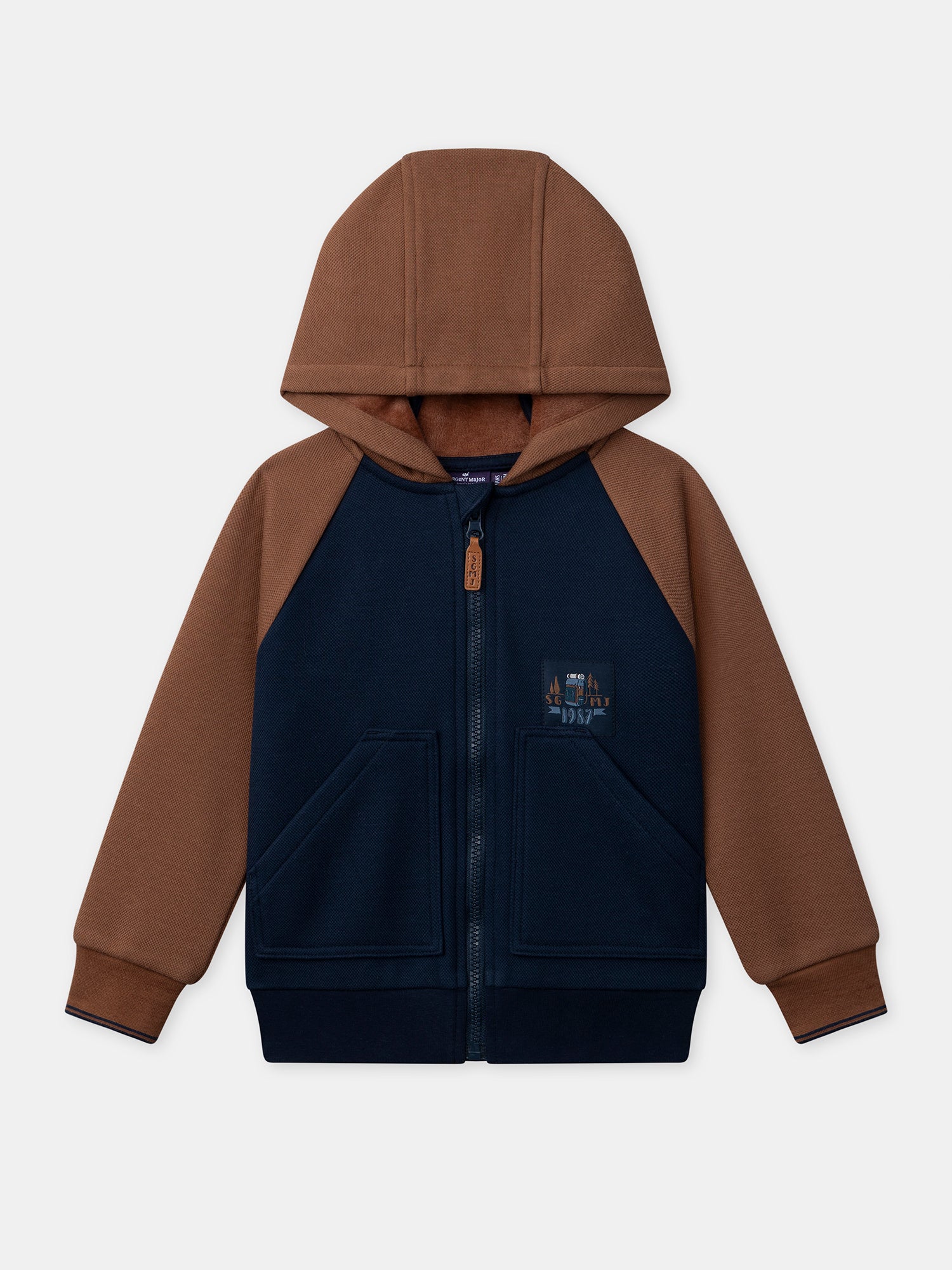 Sweat à capuche zippé bleu foncé et marron Garçon