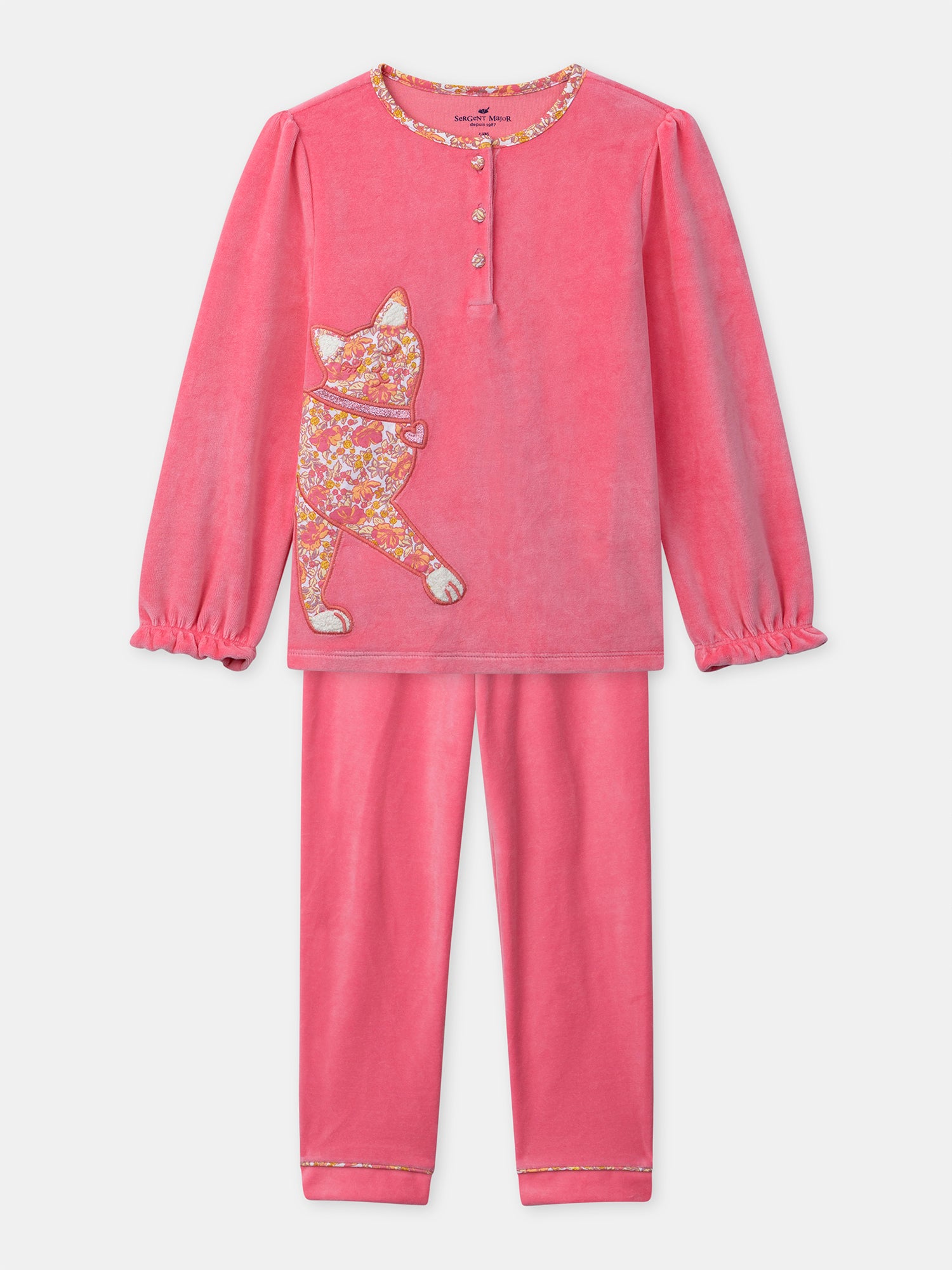 Pyjama rose en velours avec patch chat Fille